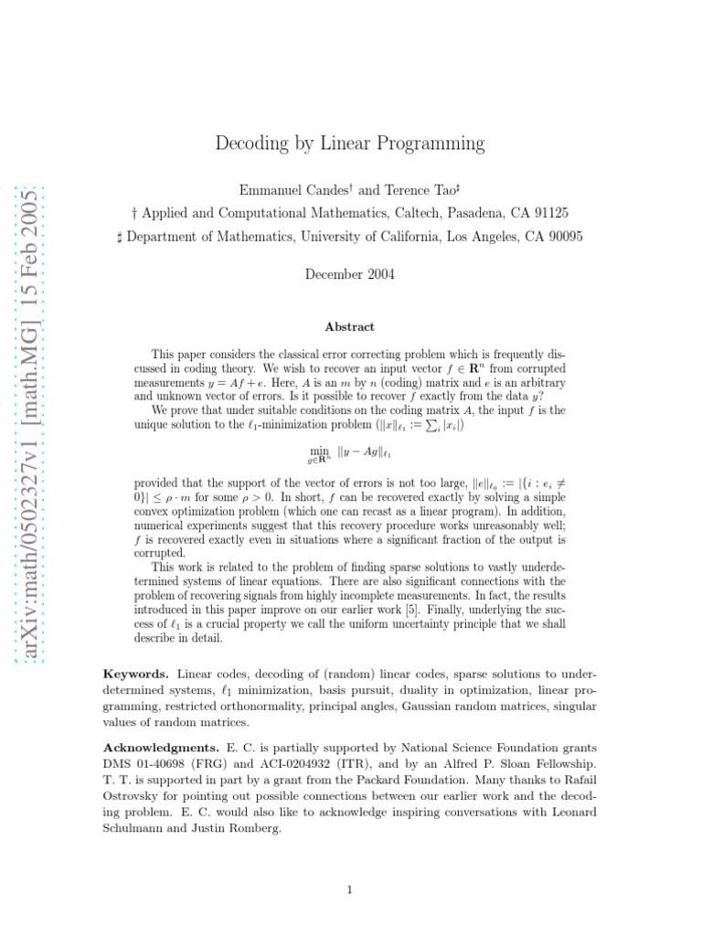 Decoding by Linear Programming | PDF | Matrix (Mathematics) | Normal ...
