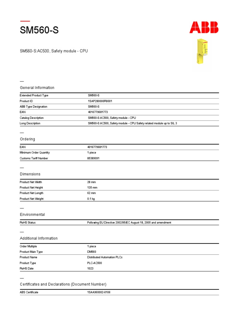 1SAP280000R0001 Sm560 Sac500 Safety Module Cpu | PDF | Programmable ...