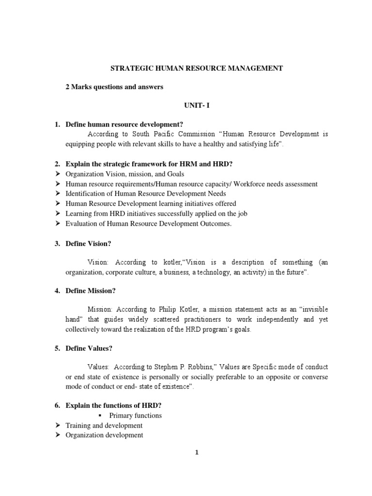 STRATEGIC HUMAN RESOURCE MANAGEMENT-2marks | PDF | Competence (Human ...
