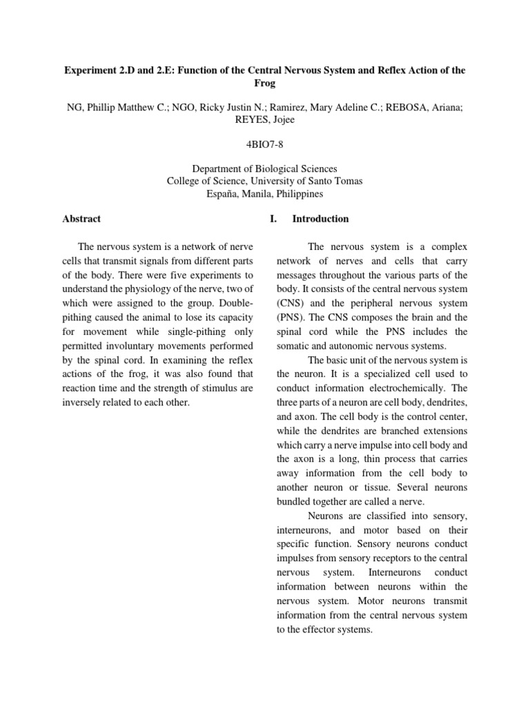 Frog CNS Function and Reflex Actions | PDF | Nervous System | Neuron