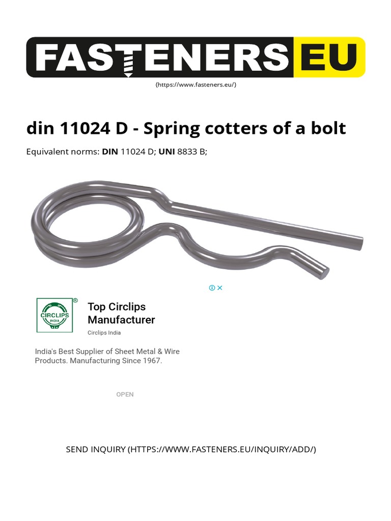 Din 11024 D - Spring Cotters of a Bolt