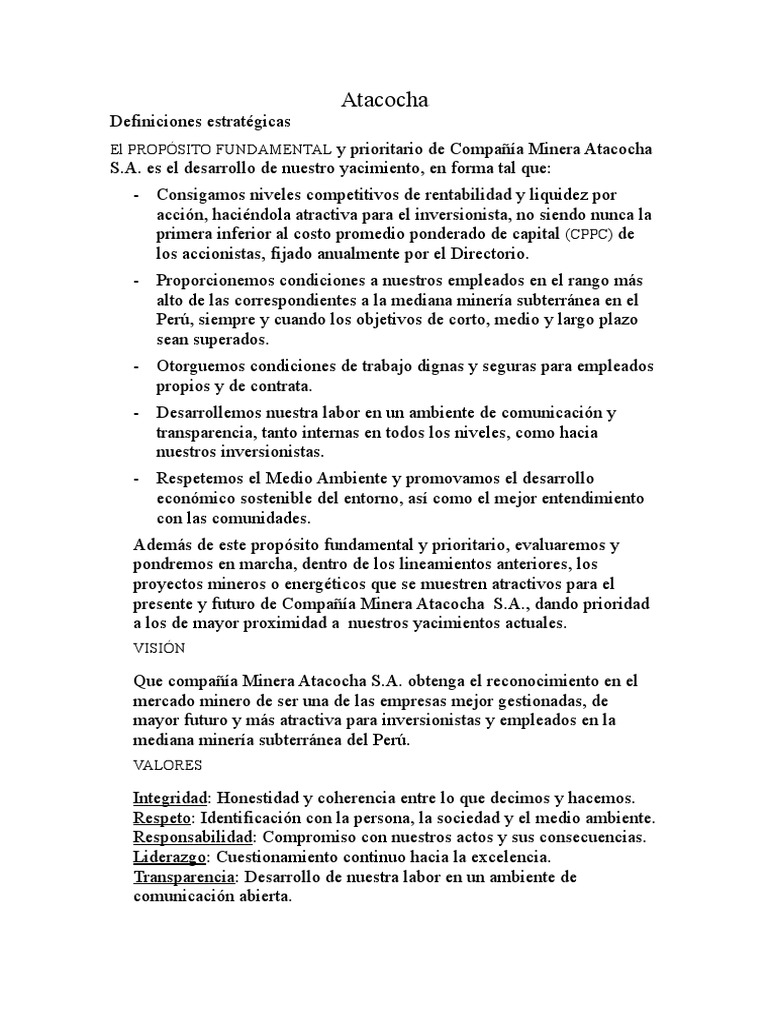 Atacocha Misión, Visión y Valores | PDF | Negocios