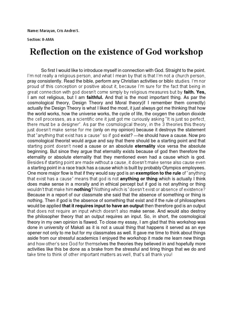 Workshop Reflection | PDF | God | Existence