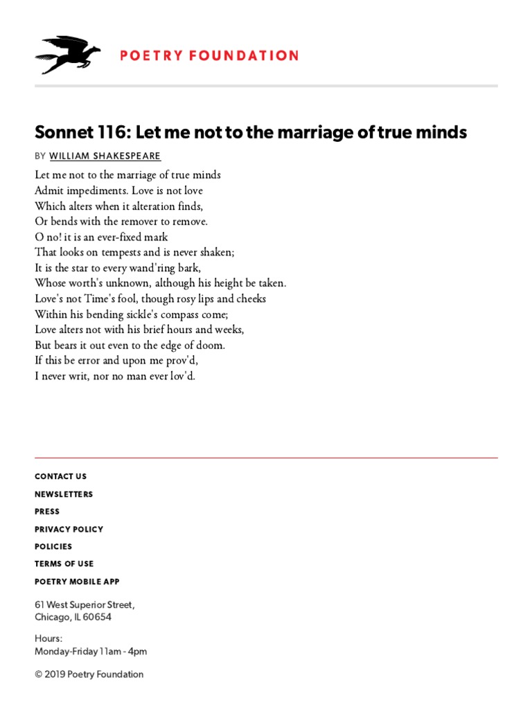 Sonnet 116 - Let Me Not To The Marriage of True Minds by William Shakespeare - Poetry Foundation ...
