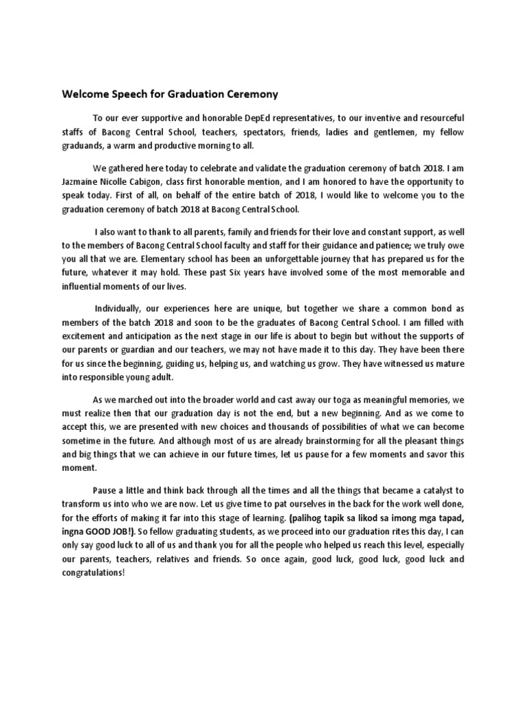 Welcome Speech For Graduation Ceremony | PDF | Behavior Modification