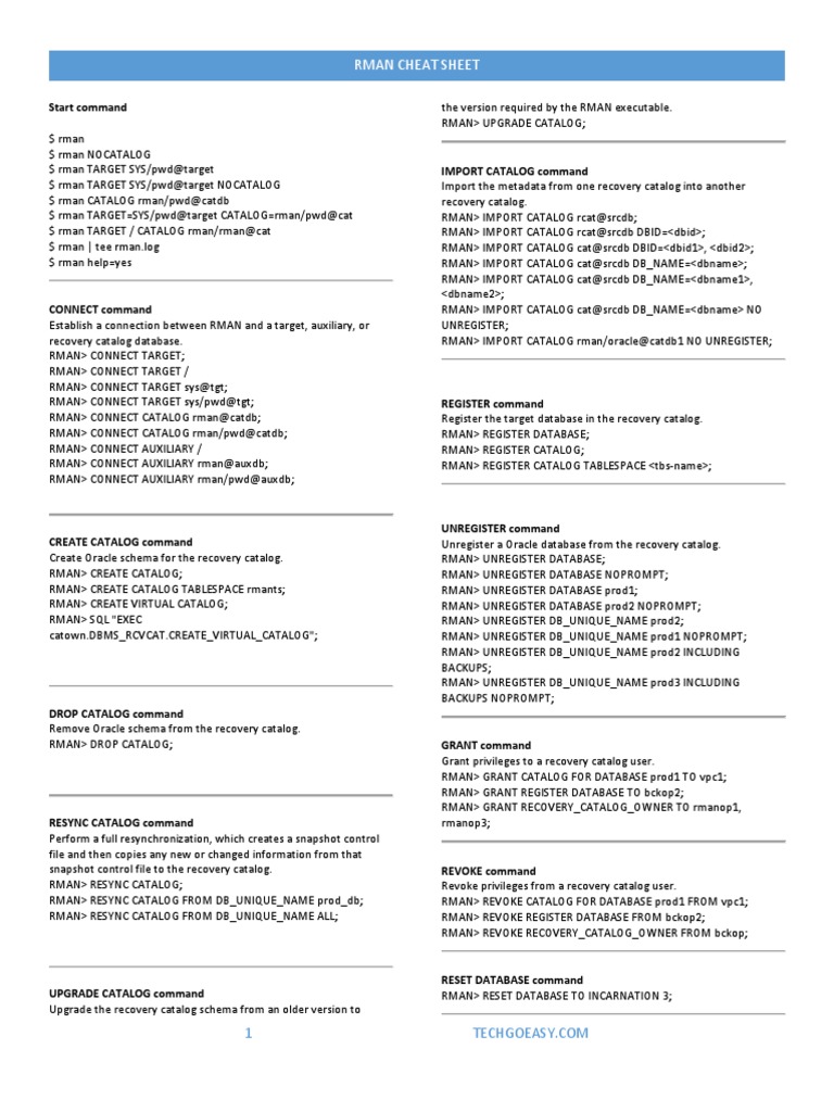 Rman Cheat Sheet: Start Command | PDF | Backup | Data Management Software
