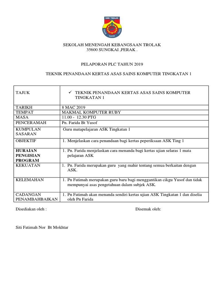 Pelaporan PLC Penandaan Ask Form 1 | PDF
