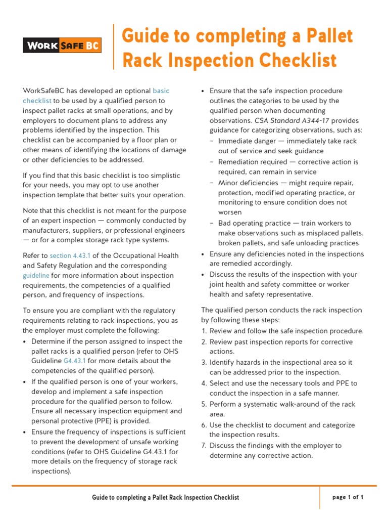 Pallet Rack Inspection Checklist Guide | PDF | Occupational Safety And ...