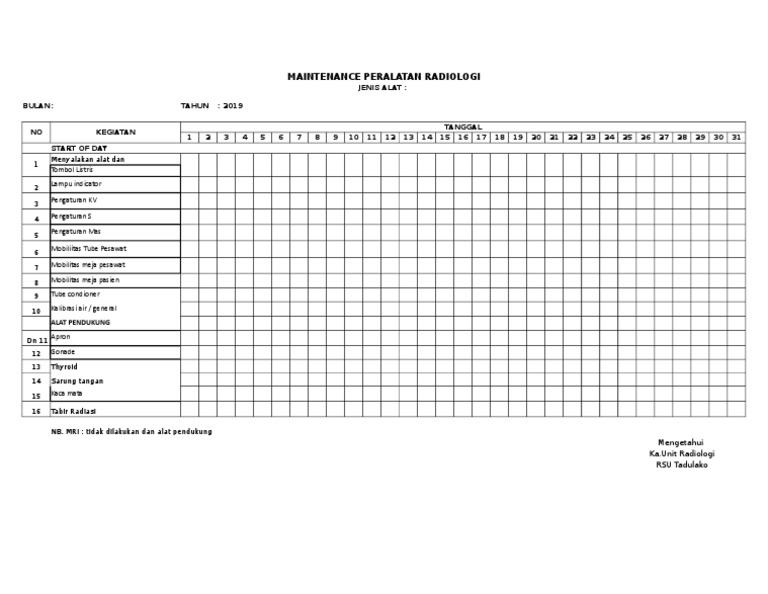 Check List Maintenance Alat Harian Radiologi | PDF Check List Maintenance Alat Harian Radiologi | PDF
