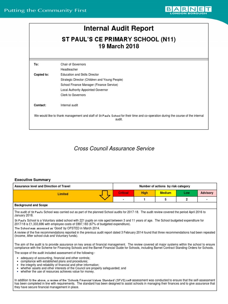 Internal Audit Report - ST Pauls CE Primary School N11 | PDF | Internal ...