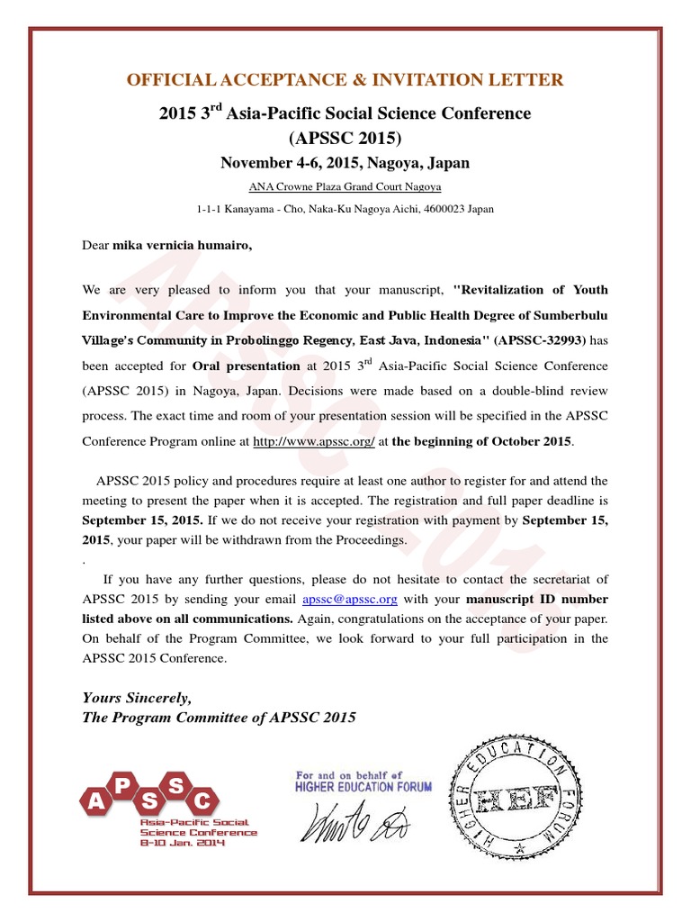APSSC 2015 Acceptance Letter for Mika | PDF | Science & Mathematics