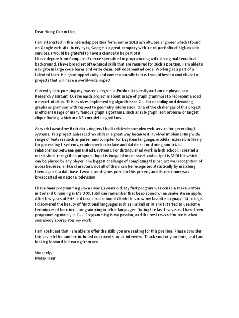 Sample Software Engineering Internship Cover Letter PDF | PDF | Parsing ...
