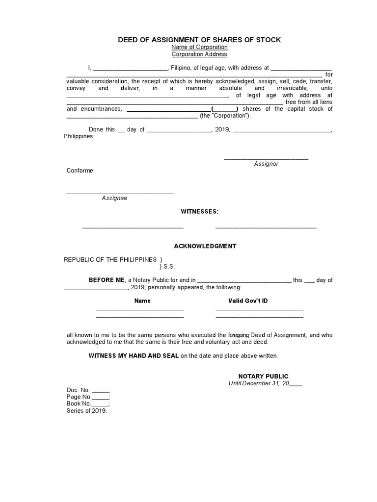 Deed of Assignment of Shares of Stock | PDF