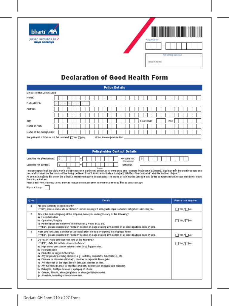Declaration of Good Health Form PDF | PDF | Insurance | Life Insurance