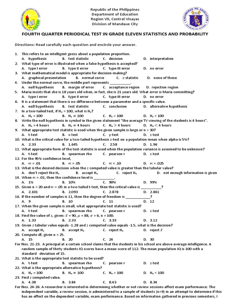 Fourth Quarter Periodical Test in Grade Eleven Statistics and ...