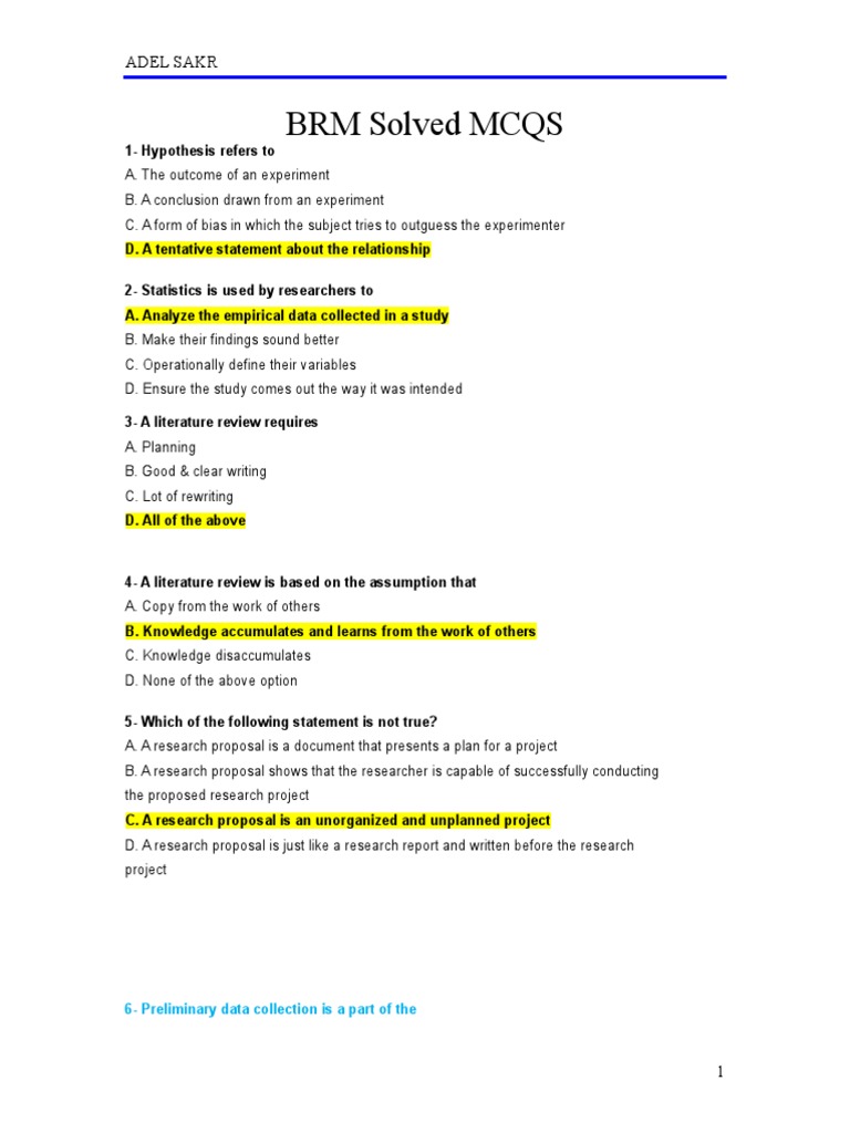 BRM Solved MCQS: Adel Sakr | PDF | Sampling (Statistics) | Survey Methodology