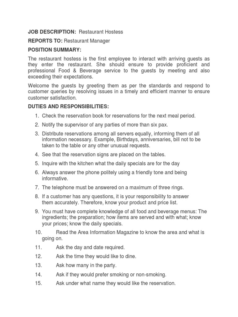 Hostess Job Description | Download Free PDF | Restaurants | Menu