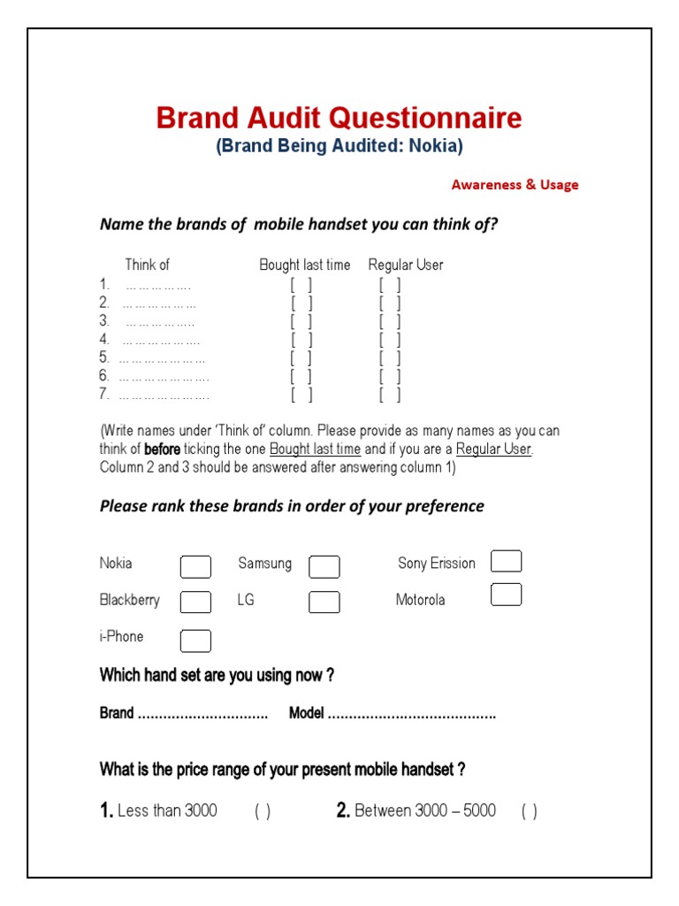 Questionnaire For Brand Audit Nokia | PDF | Brand | Information Appliances