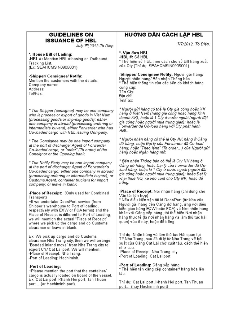 Hướng Dẫn Cách Lập HBL - Guidelines On Issuance of HBL | PDF