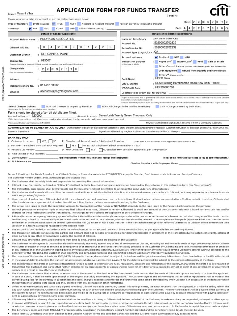 Application Form For Funds Transfer: Ddmmyyyy | PDF | Citibank | Payments