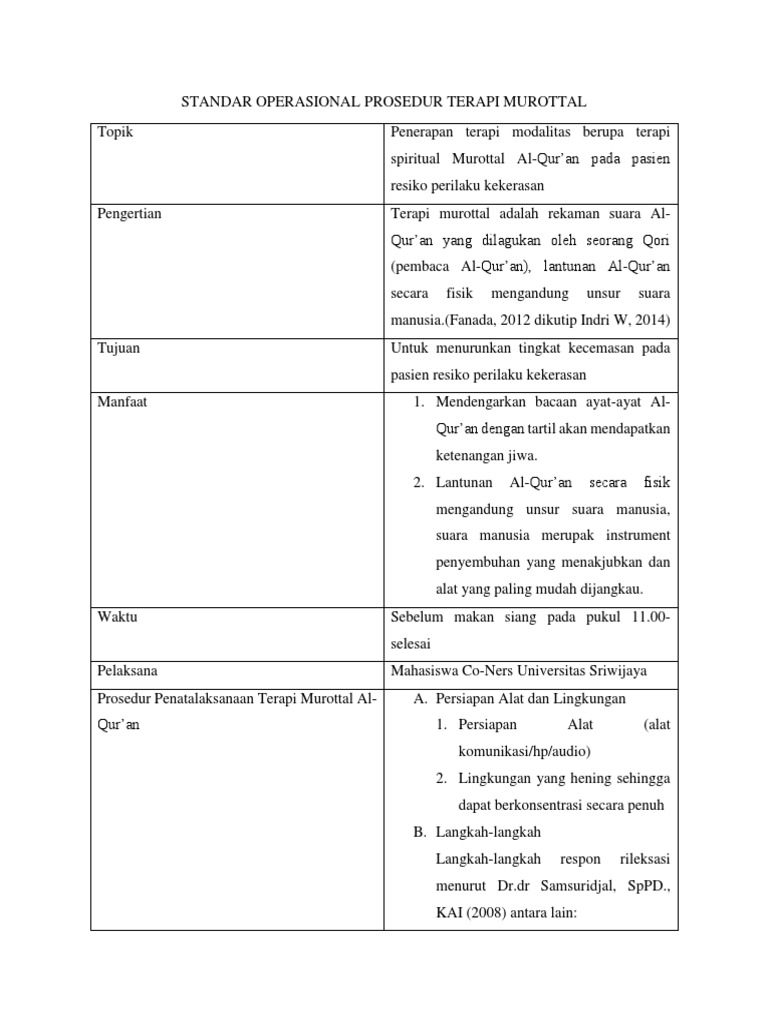Standar Operasional Prosedur Terapi Murottal | PDF