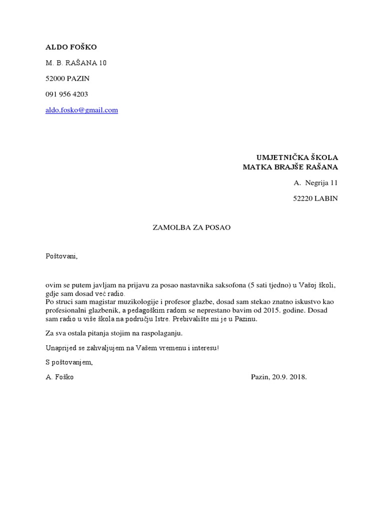 Zamolba Za Posao - Labin2018 | PDF