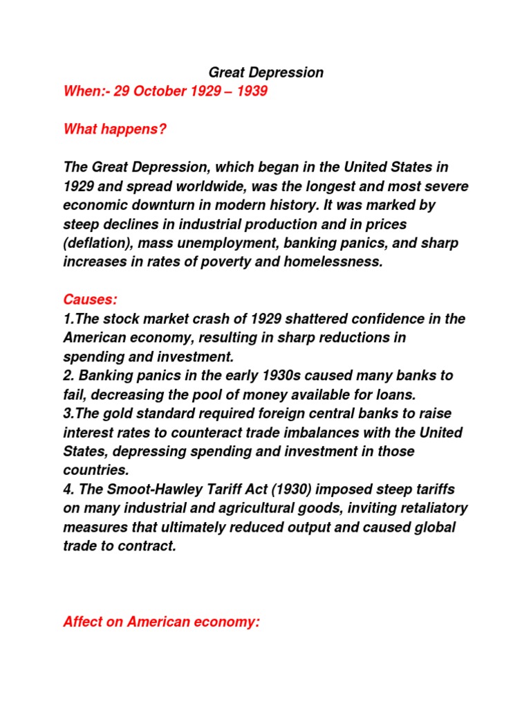 Great Depression: Causes & Impact | PDF | Great Depression | Economy Of ...