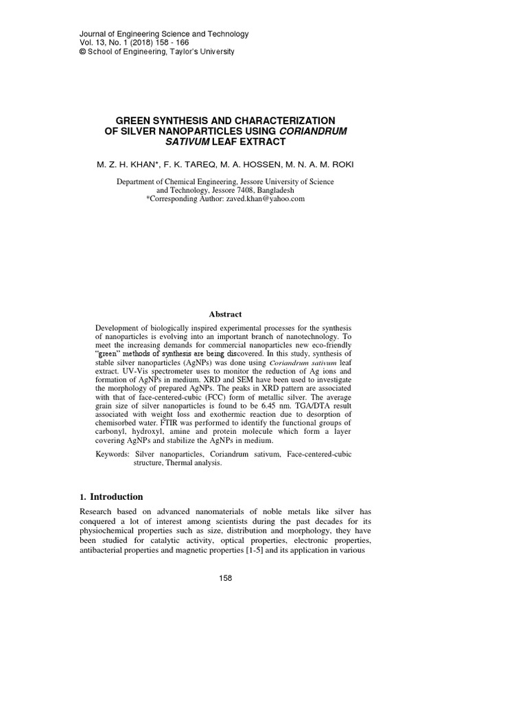 Green Synthesis and Characterization of Silver Nanoparticles Using Coriandrum Sativum Leaf ...