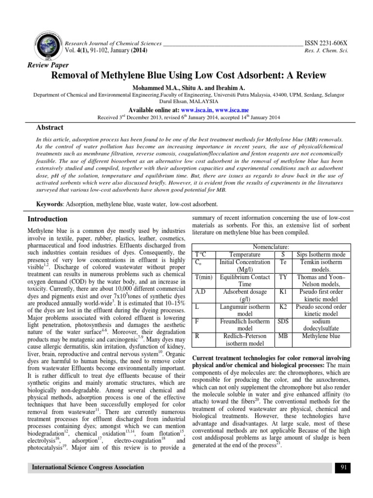 Low-Cost Adsorbents for Methylene Blue Removal | PDF | Adsorption | Zeolite