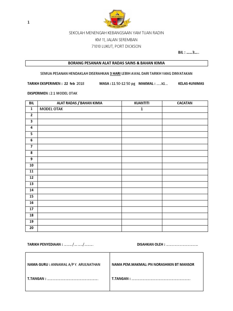 Borang Pesanan Alat Radas Sains & Bahan Kimia | PDF