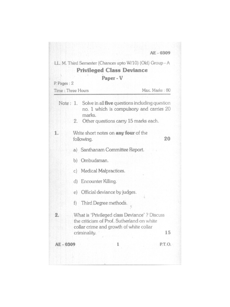 LLM Sem III S10-Privileged Class Deviance-Paper-V PDF | PDF