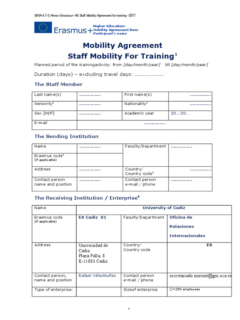 Annex II Staff Mobility Agreement Training HE 2017 EN 1 | PDF ...