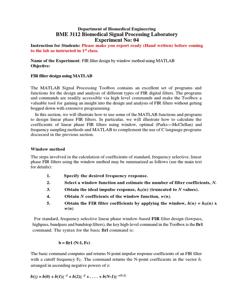 BME 3112 Exp#04 FIR Filter Window Method | PDF | Digital Signal ...
