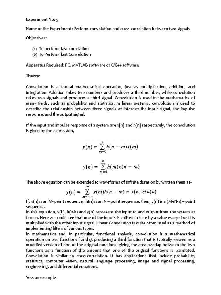 Experiment No: 5 Name of The Experiment: Perform Convolution and Cross-Correlation Between Two ...