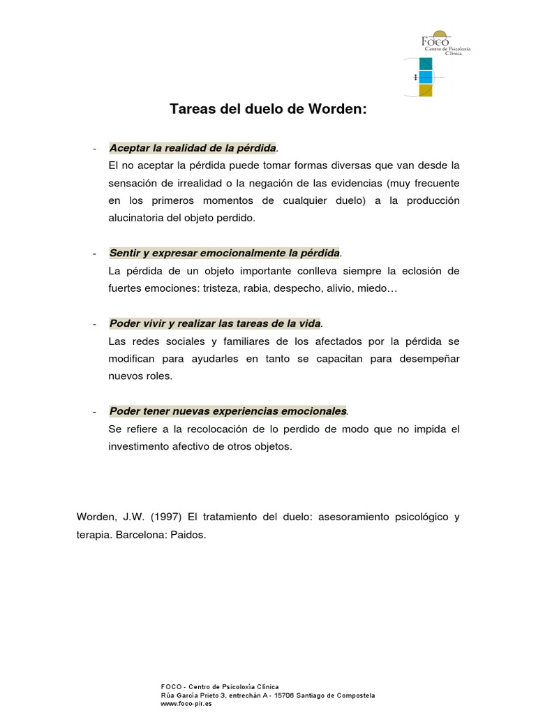Tareas del Duelo según Worden | PDF | Relaciones personales, crianza y desarrollo personal