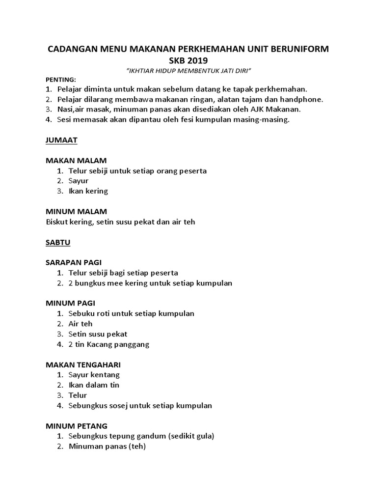 Cadangan Menu Makanan Perkhemahan Unit Beruniform SKB 2019 | PDF