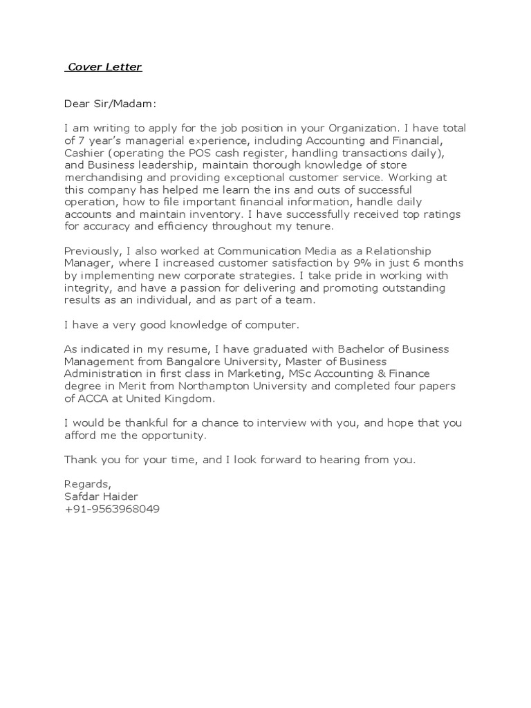 Dear Sir/Madam:: Cover Letter | PDF