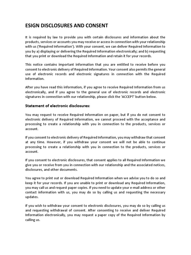 Electronic Disclosures and Signatures Consent | PDF | Consent | Information