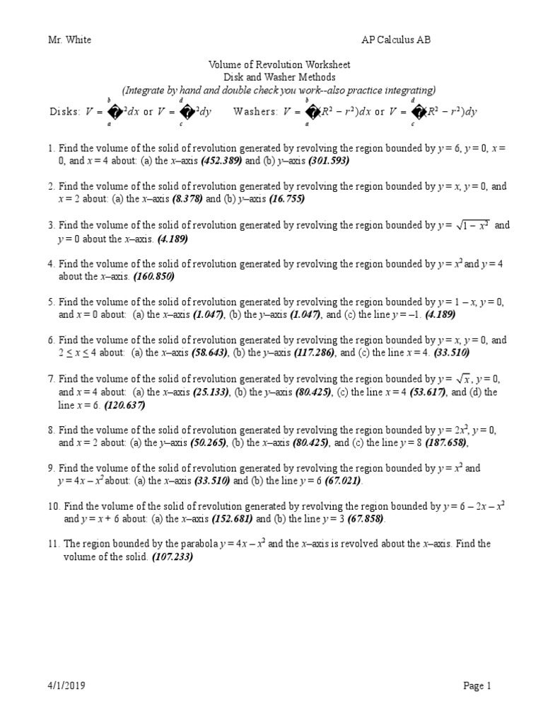AP Calculus AB: Volume of Revolution Worksheet | PDF | Volume | Area