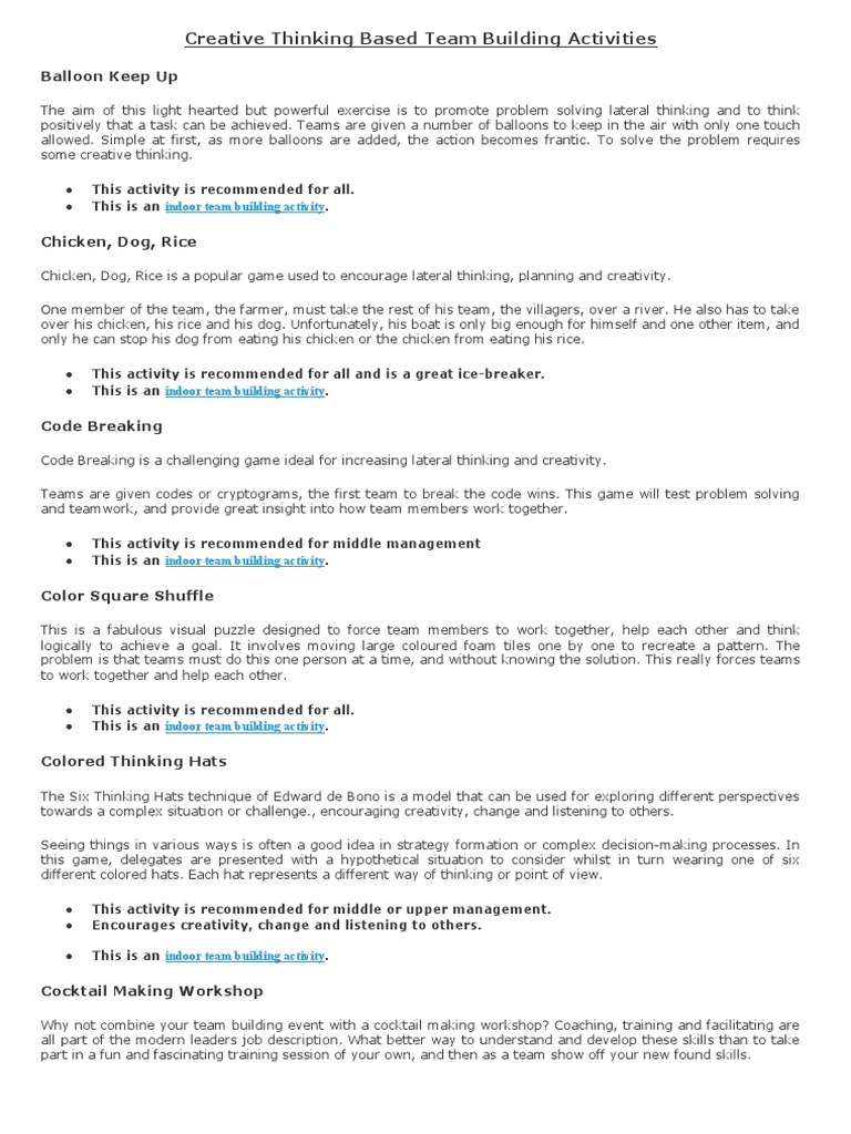Creative Thinking Based Team Building Activities | PDF | Sales ...