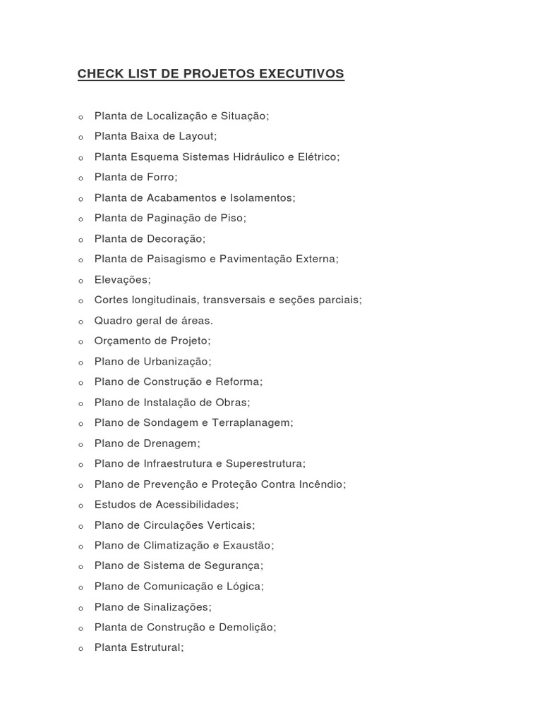 Checklist completo dos planos e projetos necessários para a execução de ...