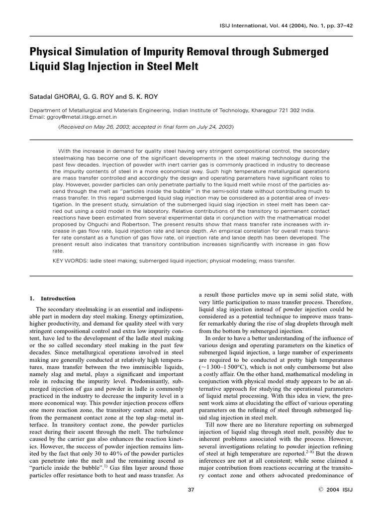 Physical Simulation of Impurity Removal Through Submerged Liquid Slag ...
