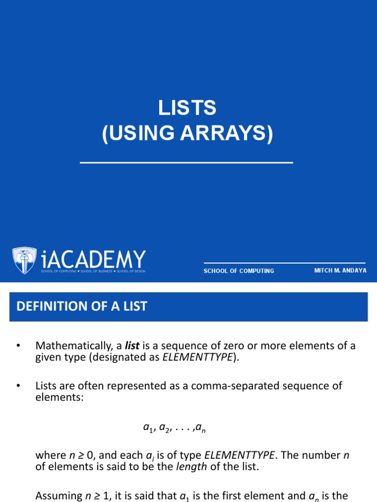 02 Lists Using Arrays Pdf Array Data Structure Parameter Computer Programming