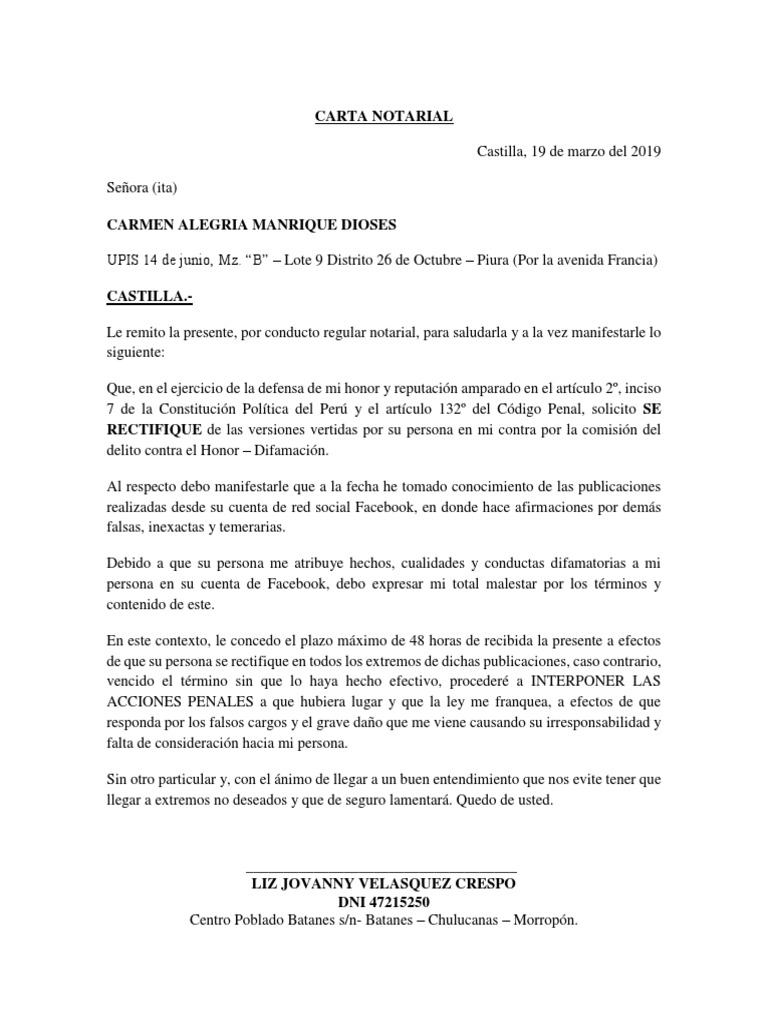 Carta Notarial Difamación | PDF