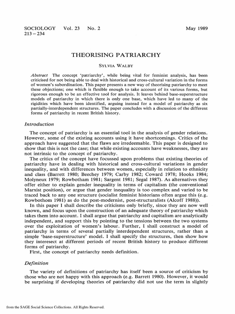 Walby (1989) - Theorising Patriarchy PDF | PDF