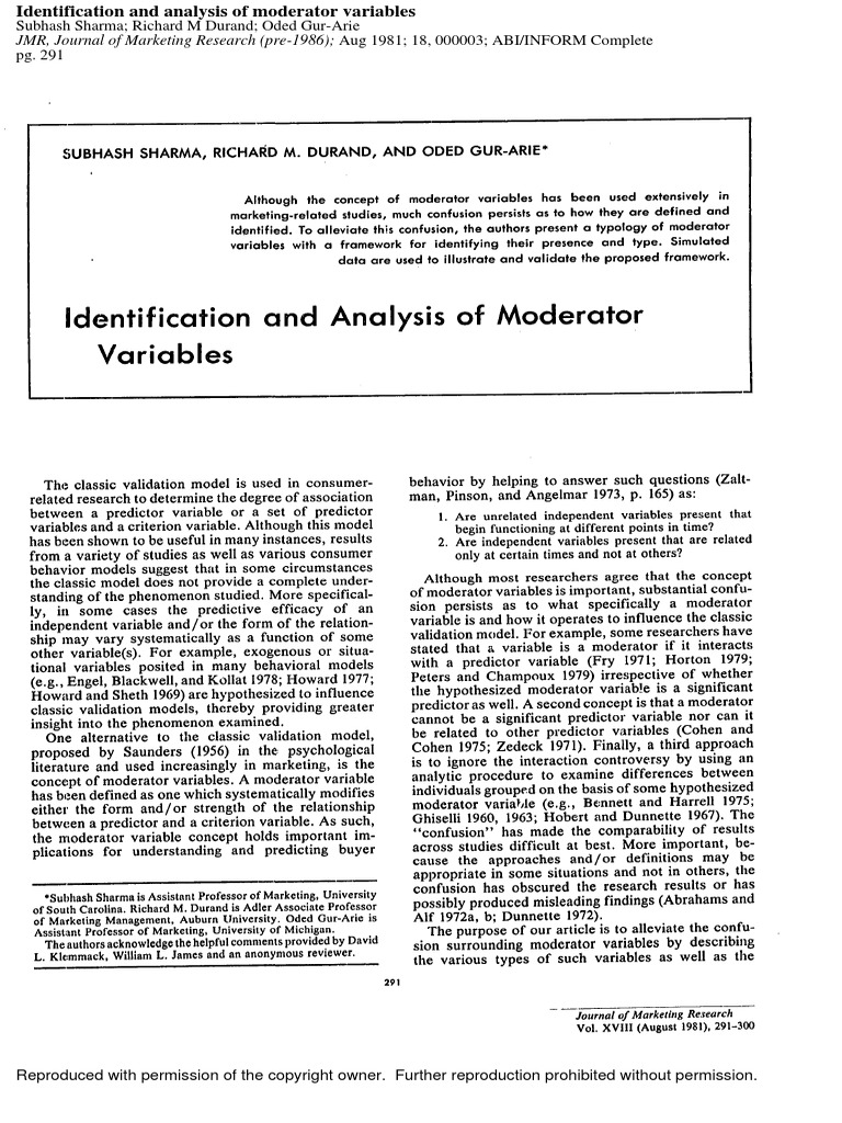 Sharma 1981 - Moderating Variable | PDF