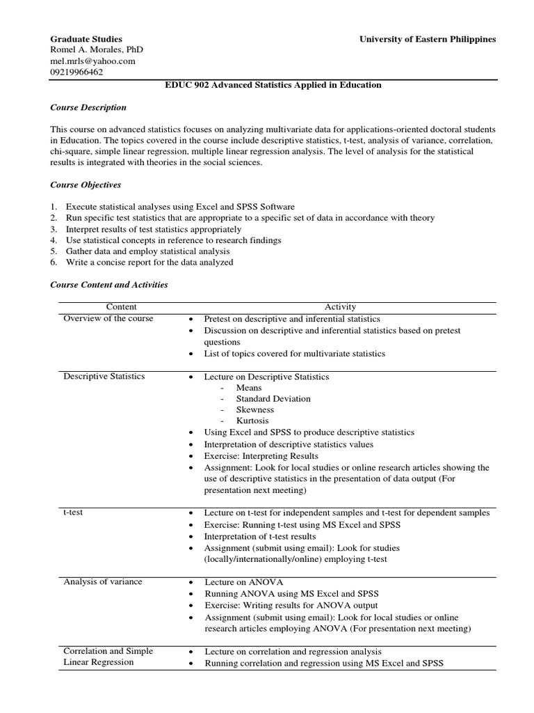 SYLLABUS IN ADVANCED STATISTICS PHD | PDF | Student's T Test ...