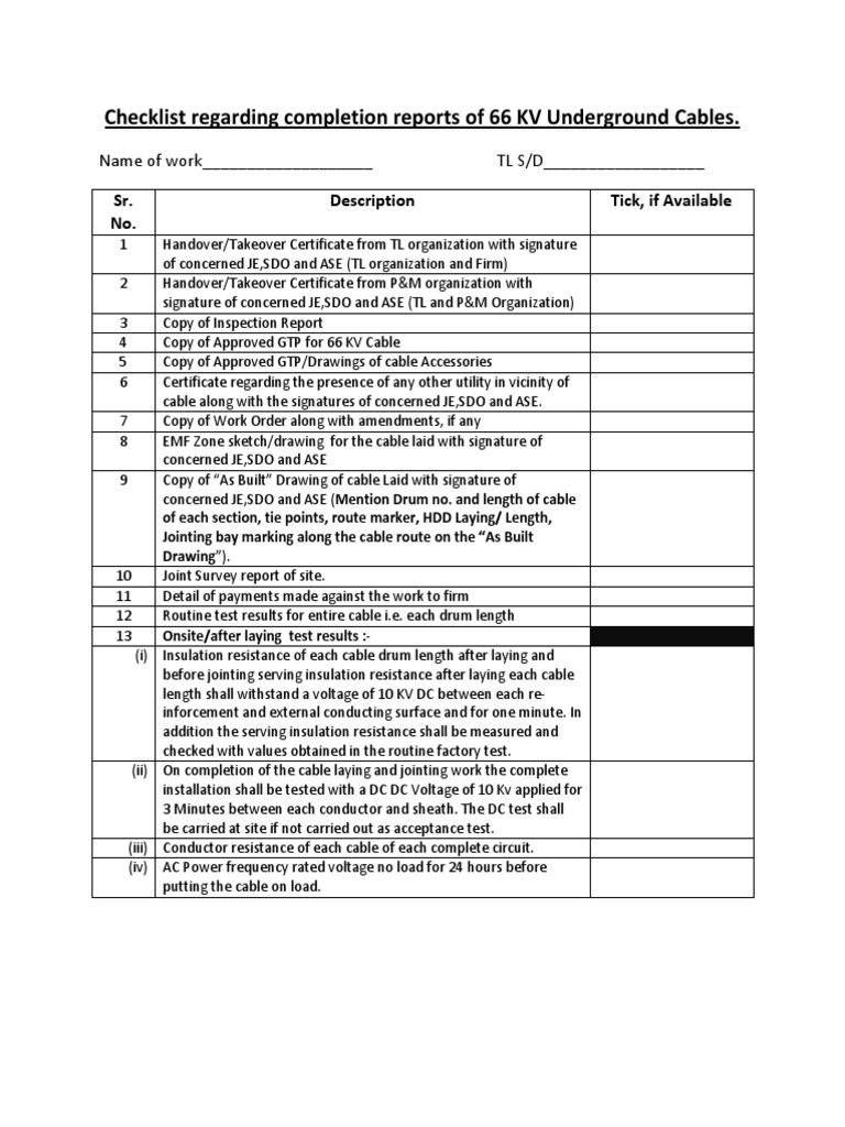 66 KV Underground Cable Completion Checklist | PDF | Electrical ...