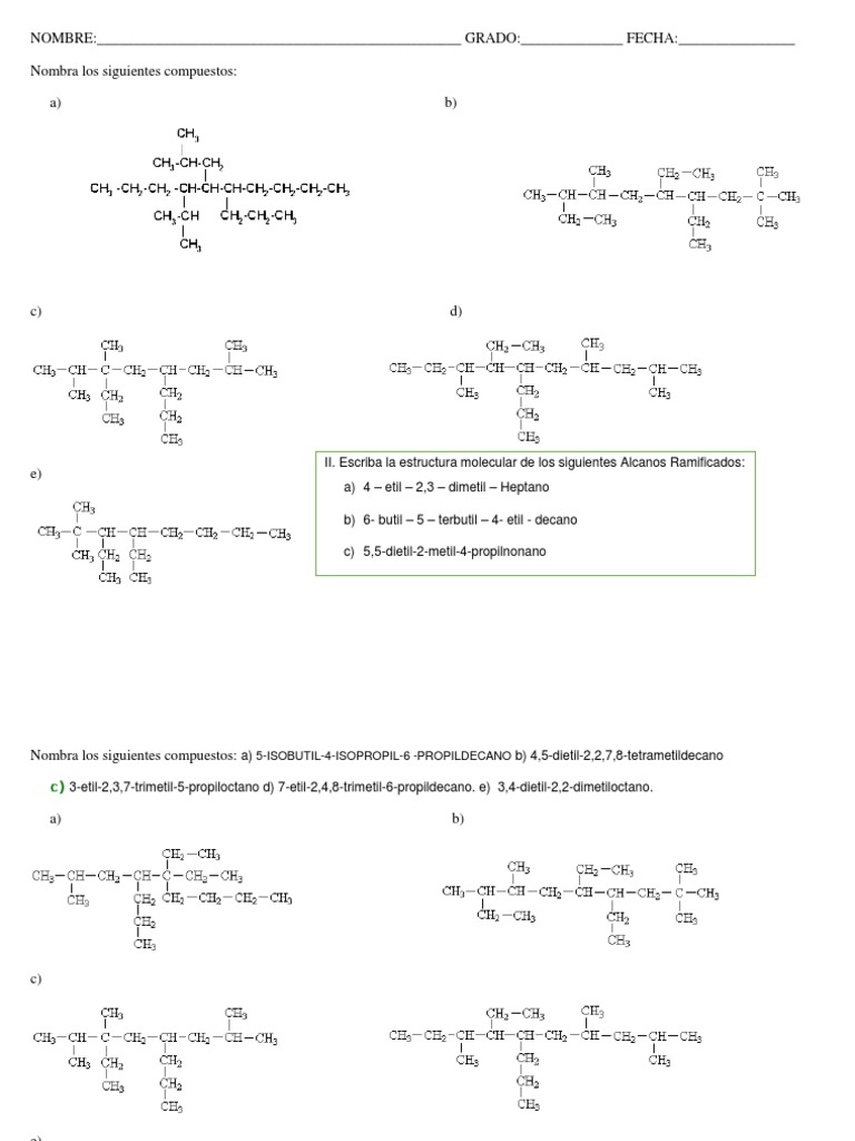 II. Escriba la estructura molecular de los siguientes Alcanos ...