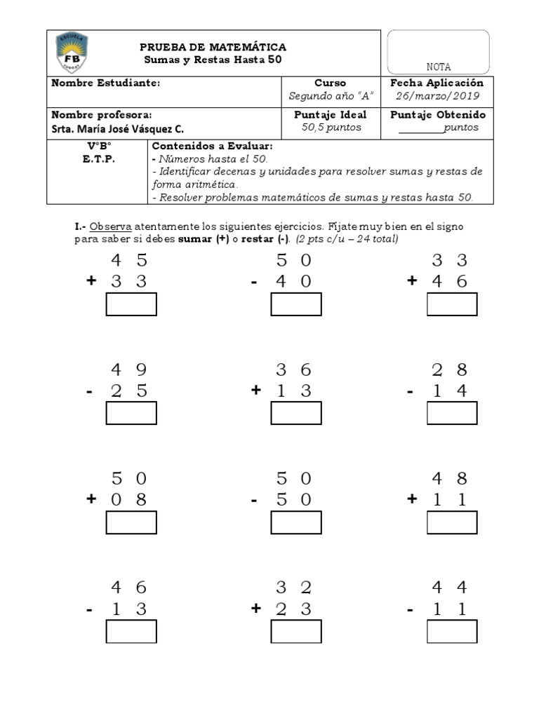 Sumas y Restas hasta 50 para Primer Grado | PDF | Enseñanza de ...